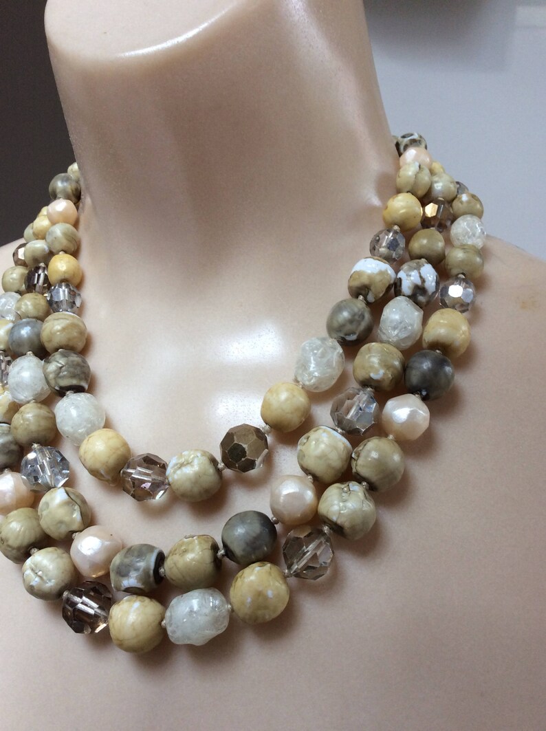 Vintage Retro 3 Strand Beige Grey Bead Necklace Multi Beads - Etsy