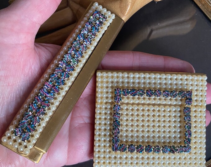 Vintage Wiesner of Miami Powder Compact Comb Set, Faux Pearl Blue AB ...