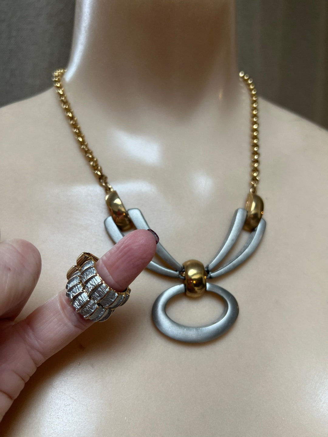 Vintage Sarah Coventry 2 Tone Modern Look Necklace, 2 Tone Hoop Clip on ...
