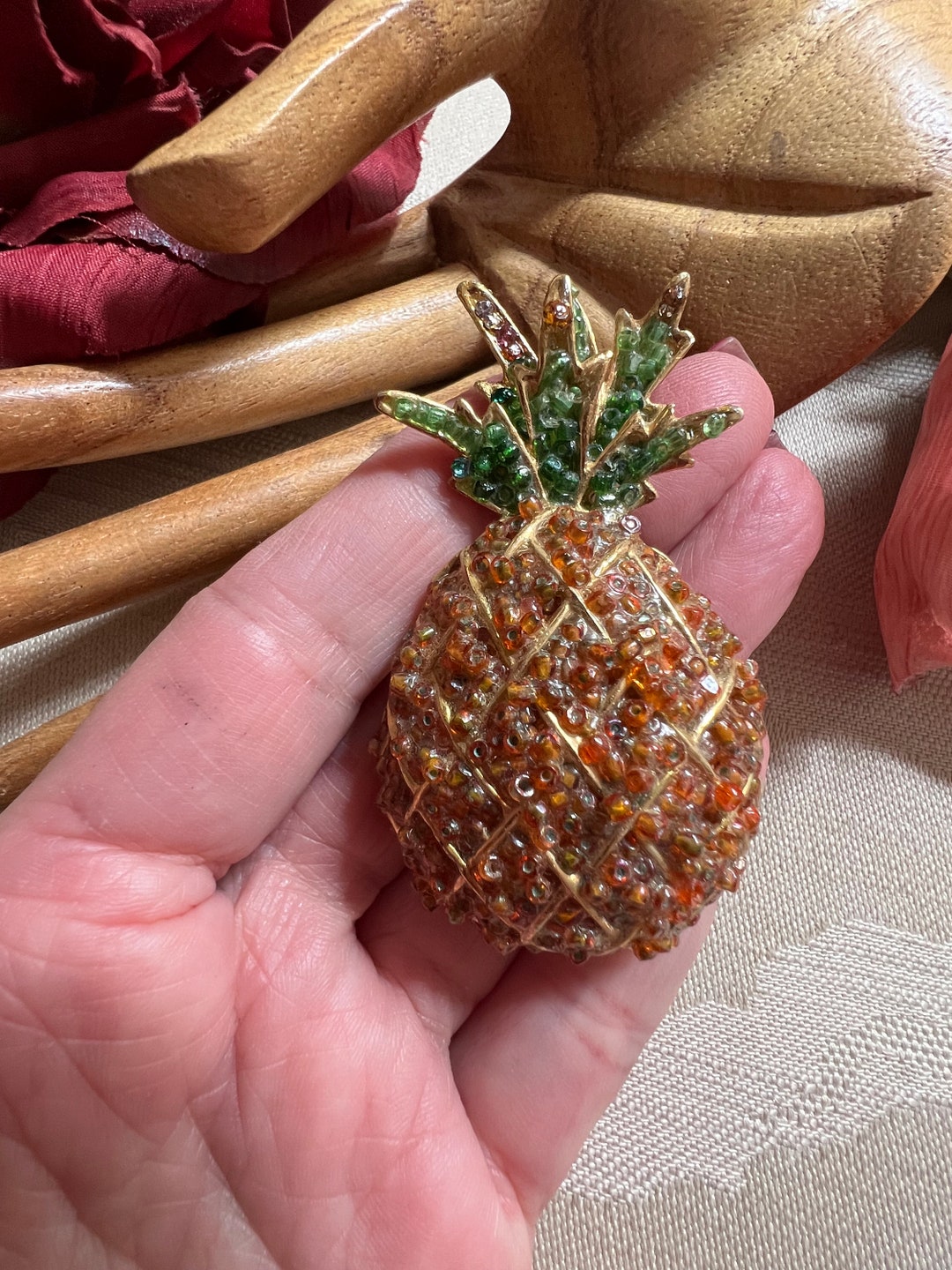Vintage Rare Weiss Jeweled Pineapple Pin, Weiss Pineapple Brooch, Textured Beaded Glass ...