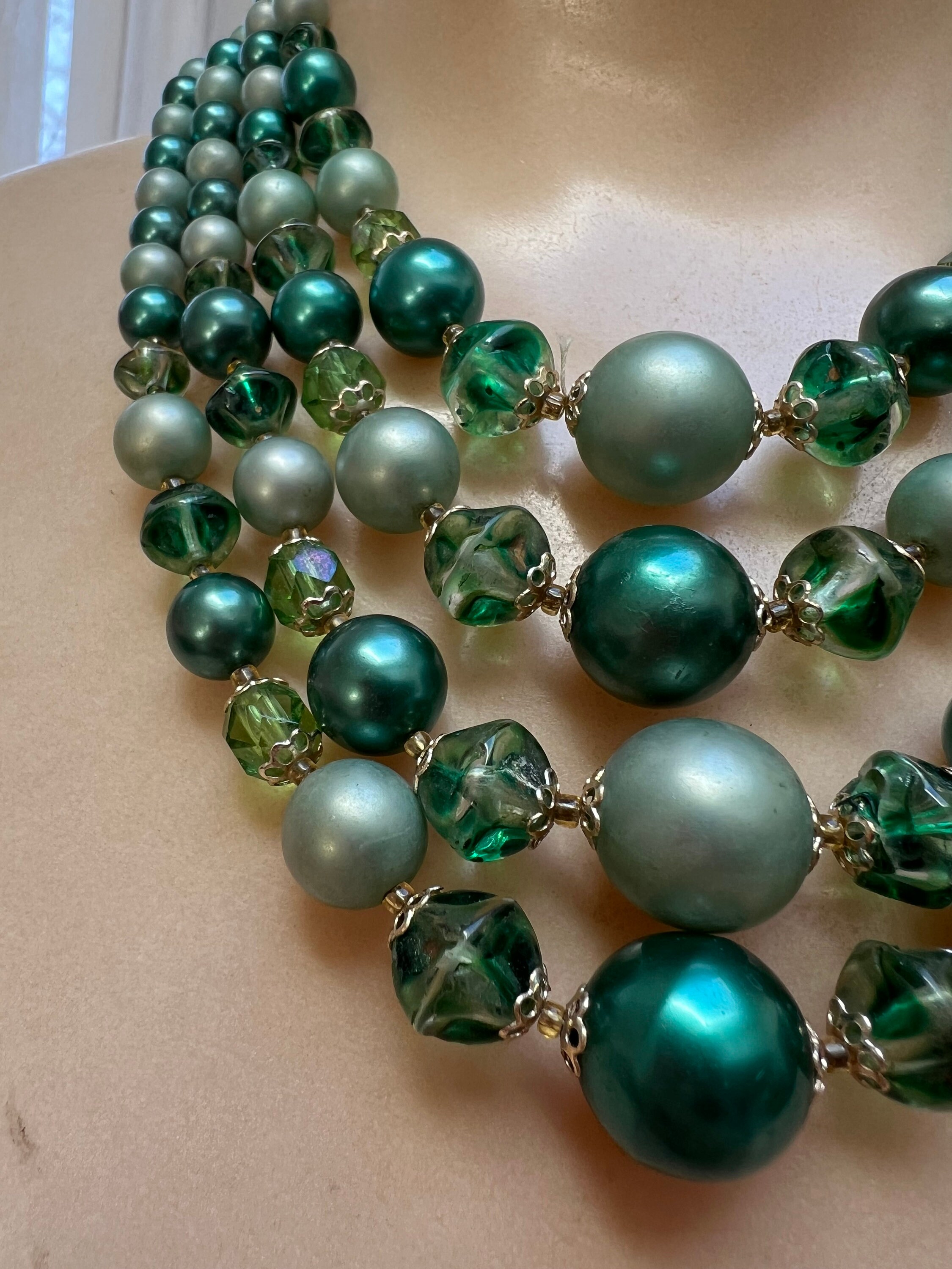 Vintage Multi Strand Green Beads Necklace, Green Shades Multi Beads 4 ...