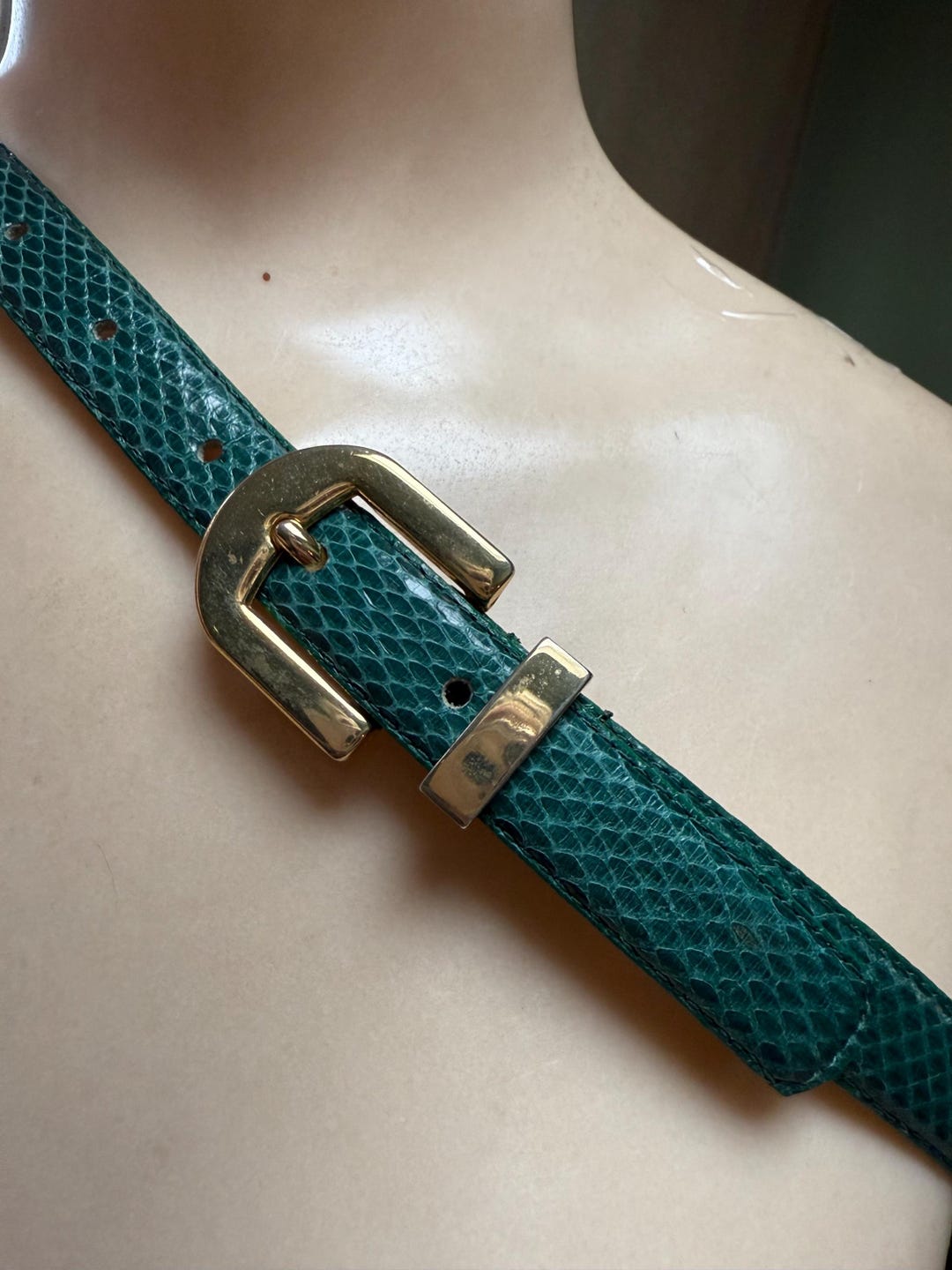 Vintage Dark Green Snake Skin Leather Belt 29 1/2 to 33 1/2