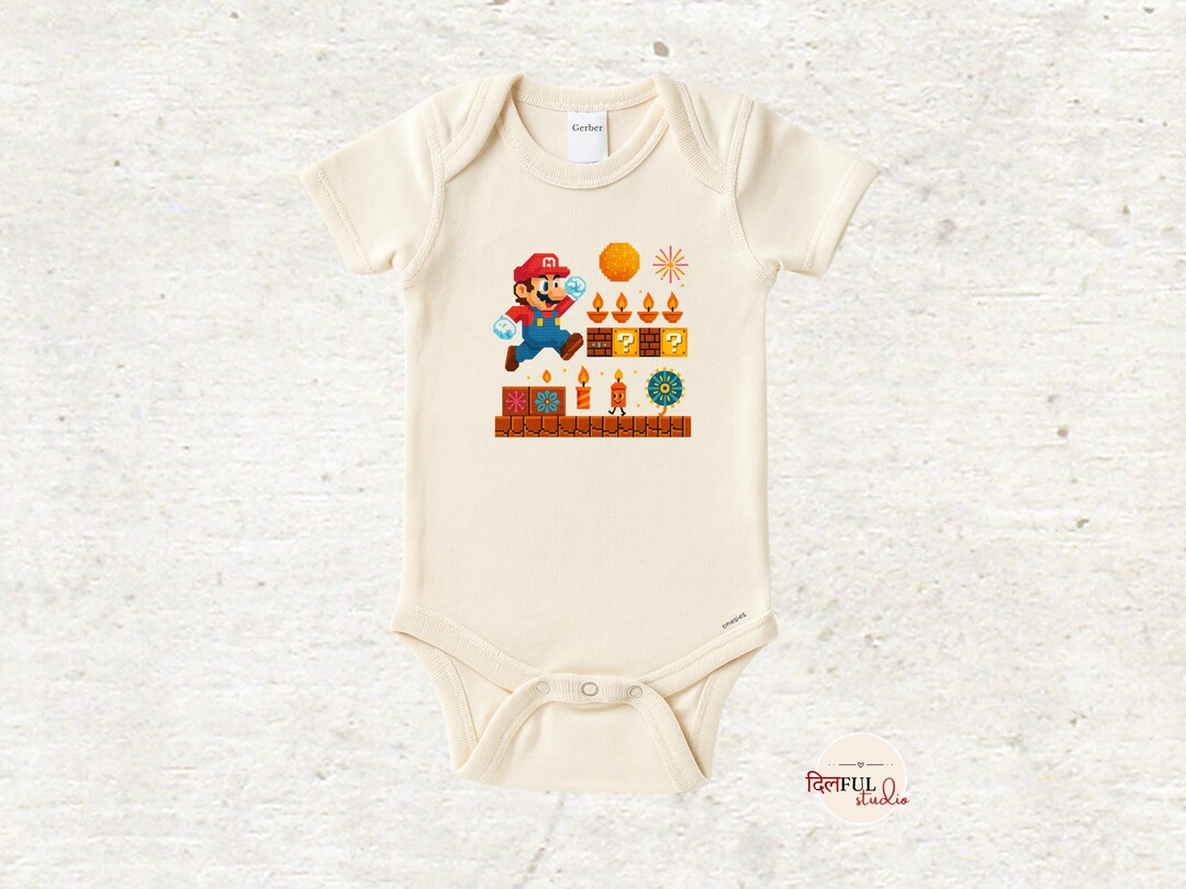 Super Mario Diwali Onesie | Retro 8-bit Pixel Art – Diya & Ladoo Power ...