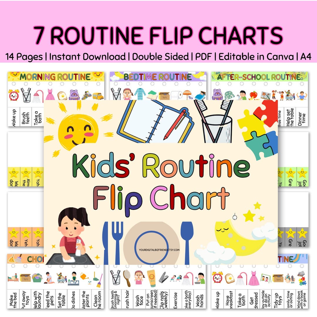 Kids Flip Routine Chart Editable Printable Morning Evening Bedtime Flip ...