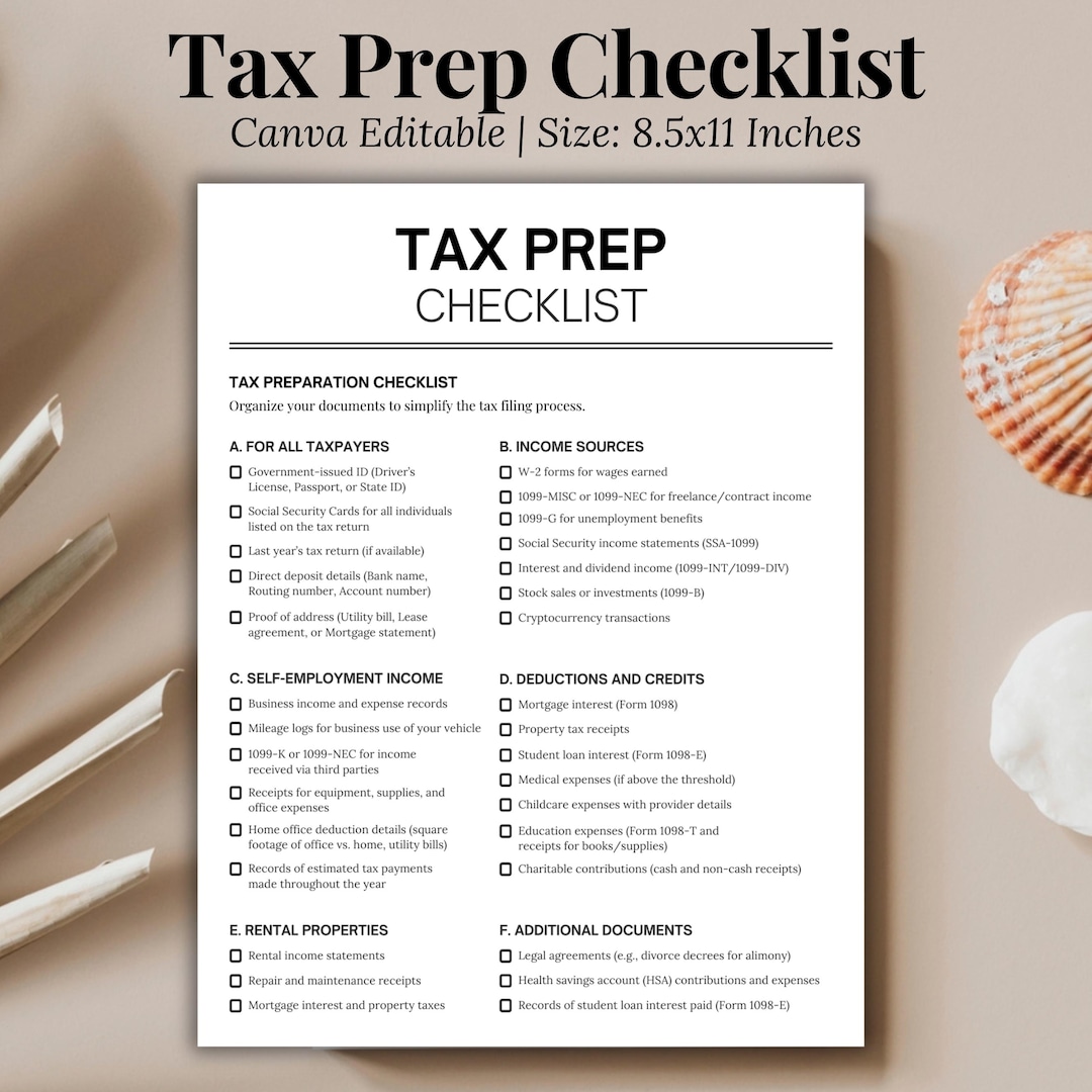 Tax Prep Checklist, Tax Checklist, Tax Organizer, Tax Preparation ...