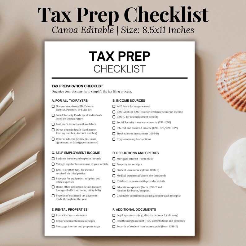 Tax Prep Checklist, Tax Checklist, Tax Organizer, Tax Preparation ...
