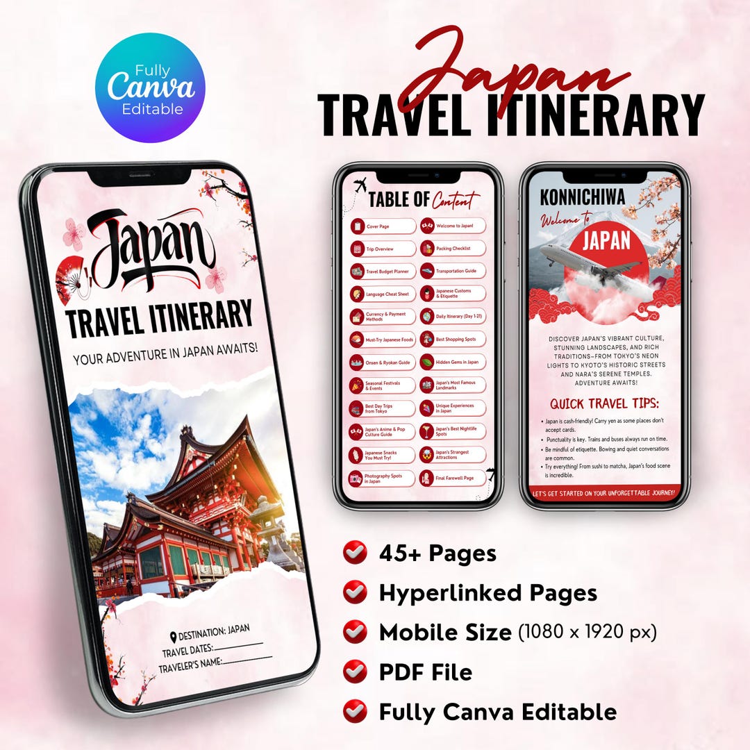 Japan Travel Itinerary Canva Template | 45+ Pages Hyperlinked PDF ...