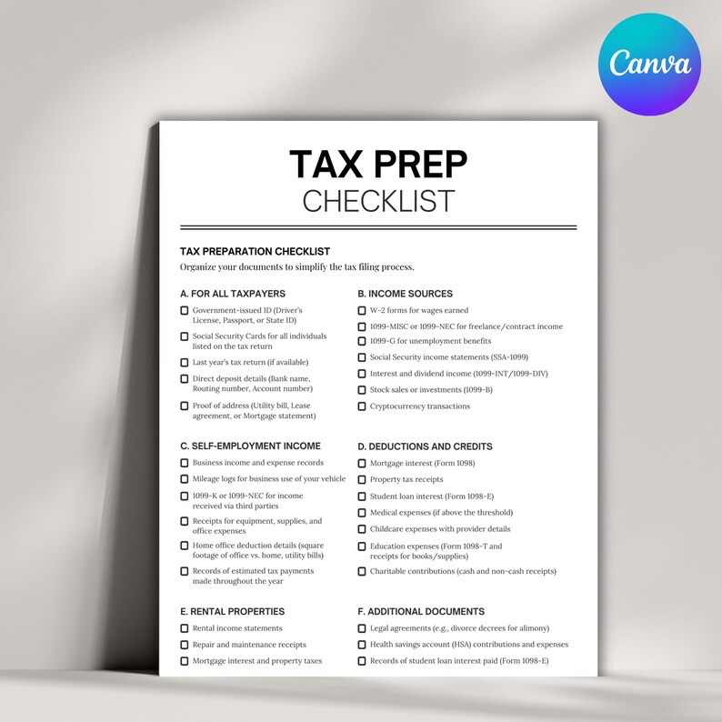 Tax Prep Checklist, Tax Checklist, Tax Organizer, Tax Preparation ...