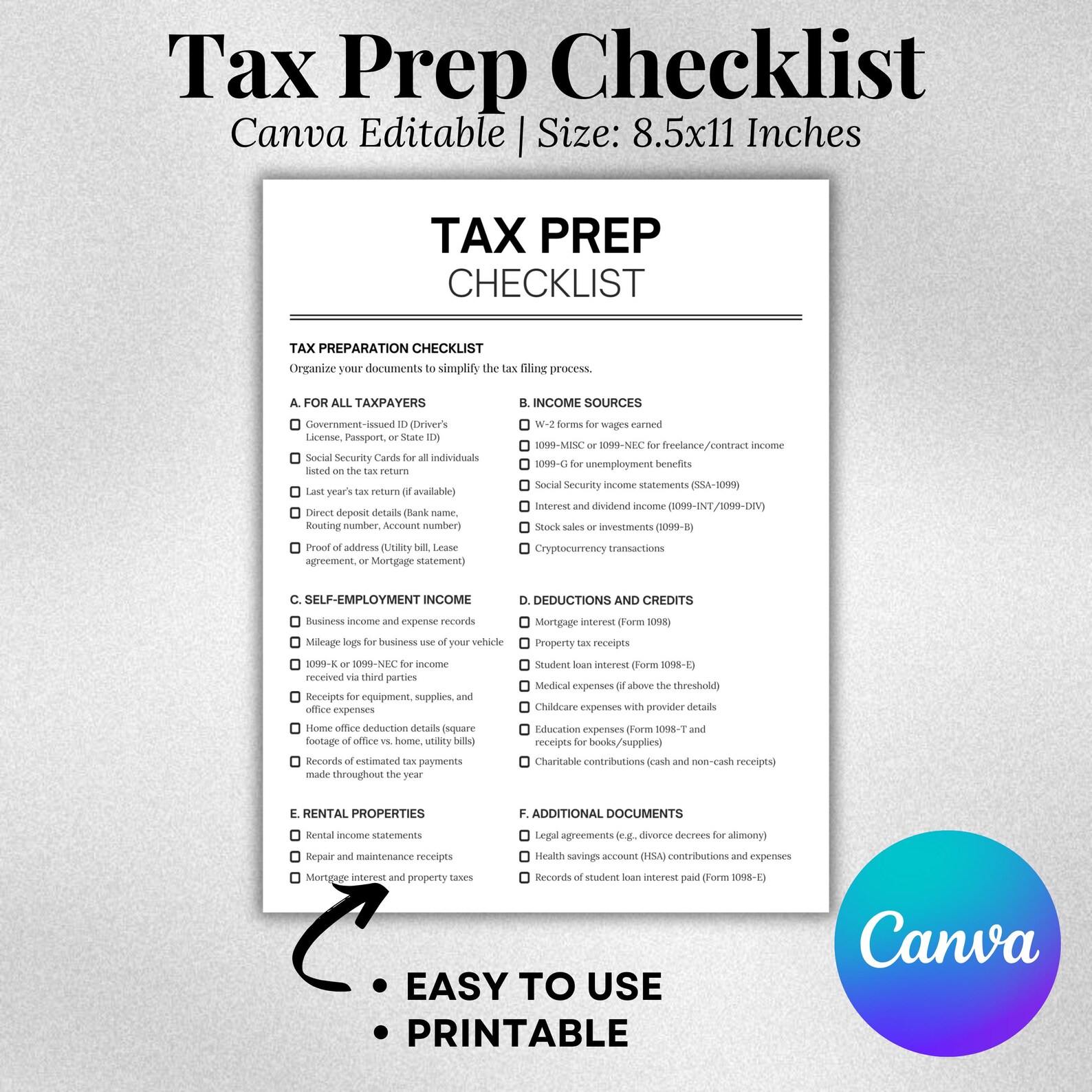Tax Prep Checklist, Tax Checklist, Tax Organizer, Tax Preparation ...