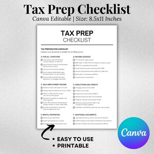 Tax Prep Checklist, Tax Checklist, Tax Organizer, Tax Preparation ...