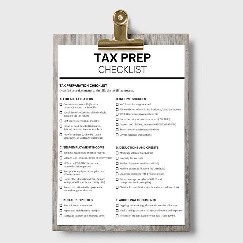 Tax Prep Checklist, Tax Checklist, Tax Organizer, Tax Preparation ...