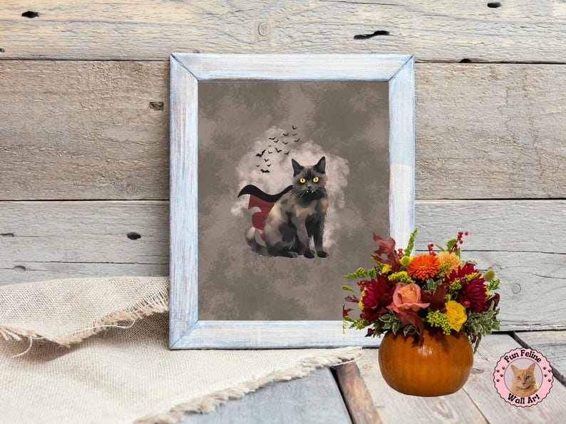 Halloween Cat Art: Black Vampire Cat With Fangs and Bats on Foggy, Dark ...