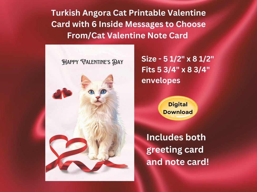 Printable Valentine Card Featuring Turkish Angora Cat, Printable ...