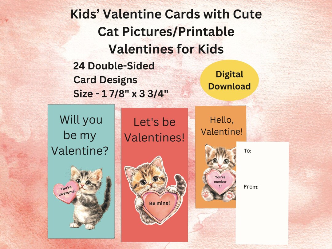 Printable Valentine Cards for Kids, Valentines for Kids Class, Cat ...