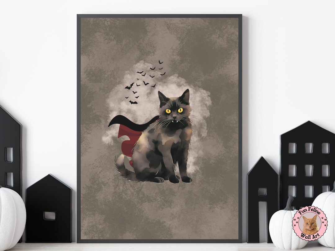 Halloween Cat Art: Black Vampire Cat With Fangs and Bats on Foggy, Dark ...