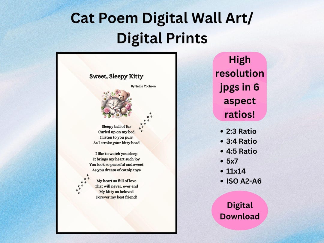 Printable Poetry Print, Cat Poem Printable Wall Art, Digital Prints ...
