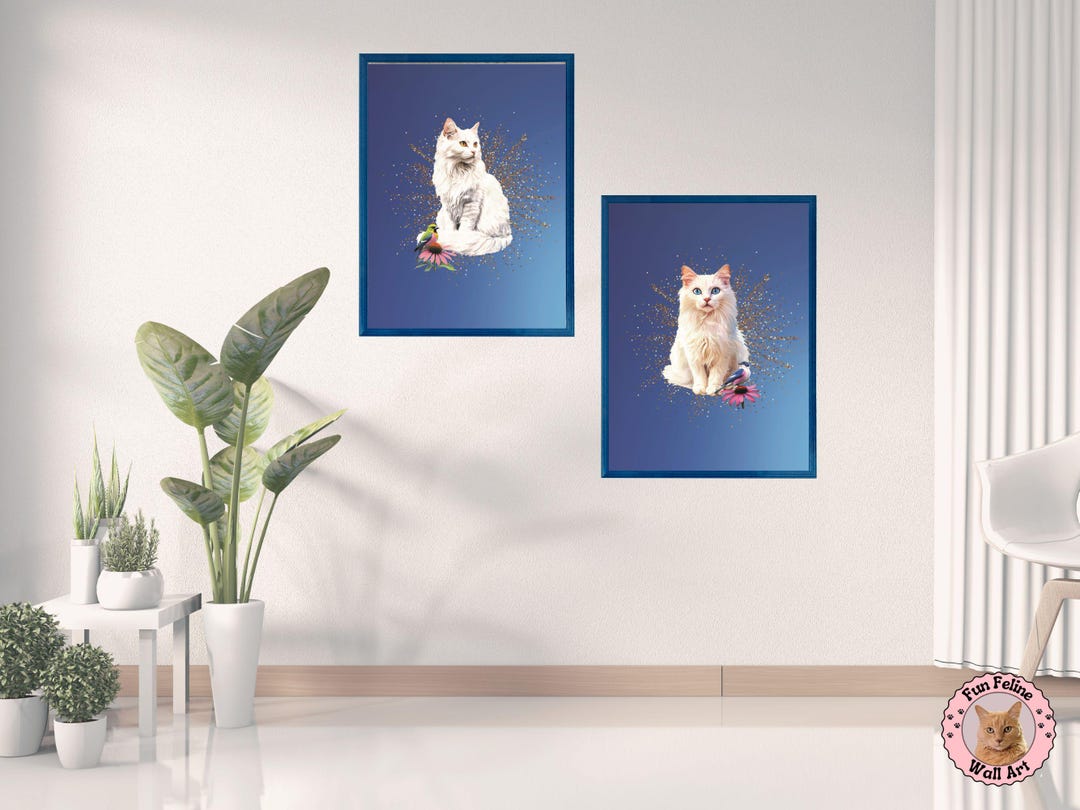 Turkish Angora Cat Art Prints: Blue Background, Birds, Flowers (digital ...