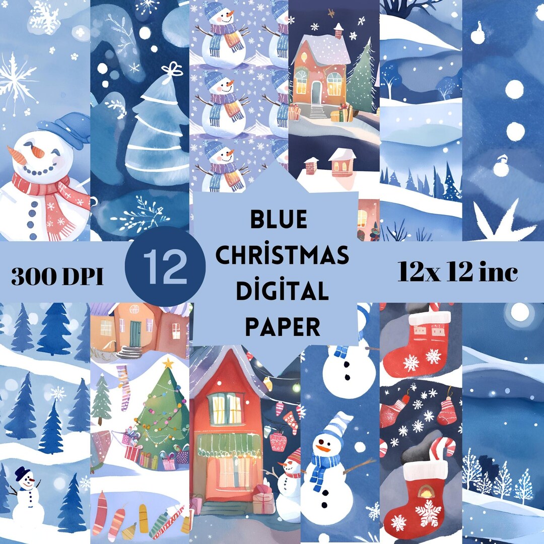 Printable Blue Christmas Digital Paper, Pastel Christmas Ephemera ...