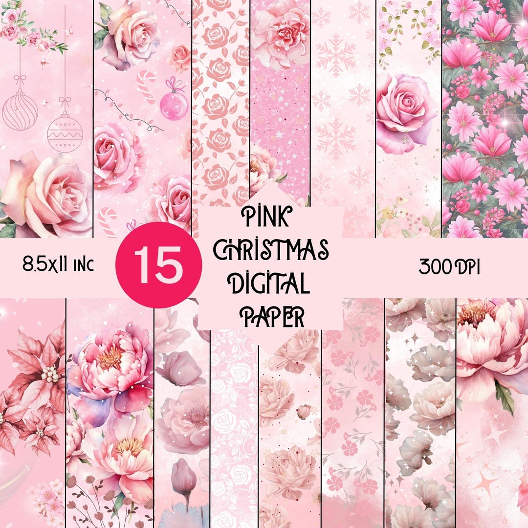 Pastel Pink Christmas Digital Paper, Winter Floral Scrapbook Paper and ...