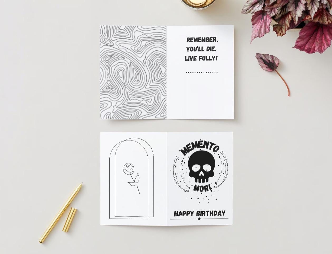 Memento Mori Birthday Card: Stoic Gothic Skull (print-ready PDF & Canva ...