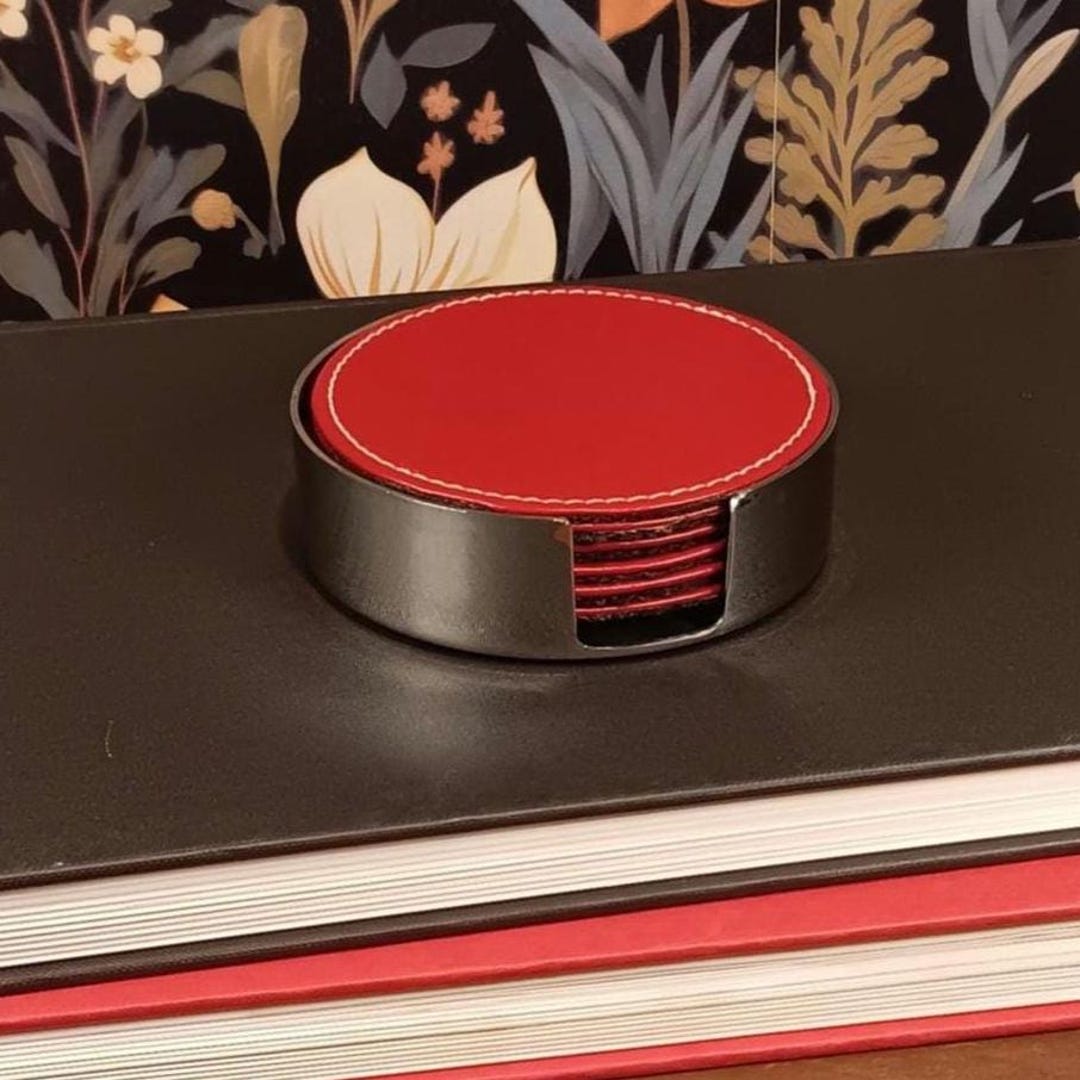 Vintage Red Faux Leather Coasters Set With Metal Holder - Etsy