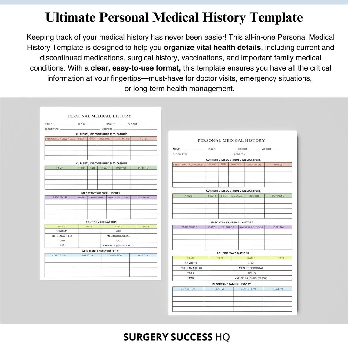 Printable Medical History Form, Personal Medical Tracker, Health ...