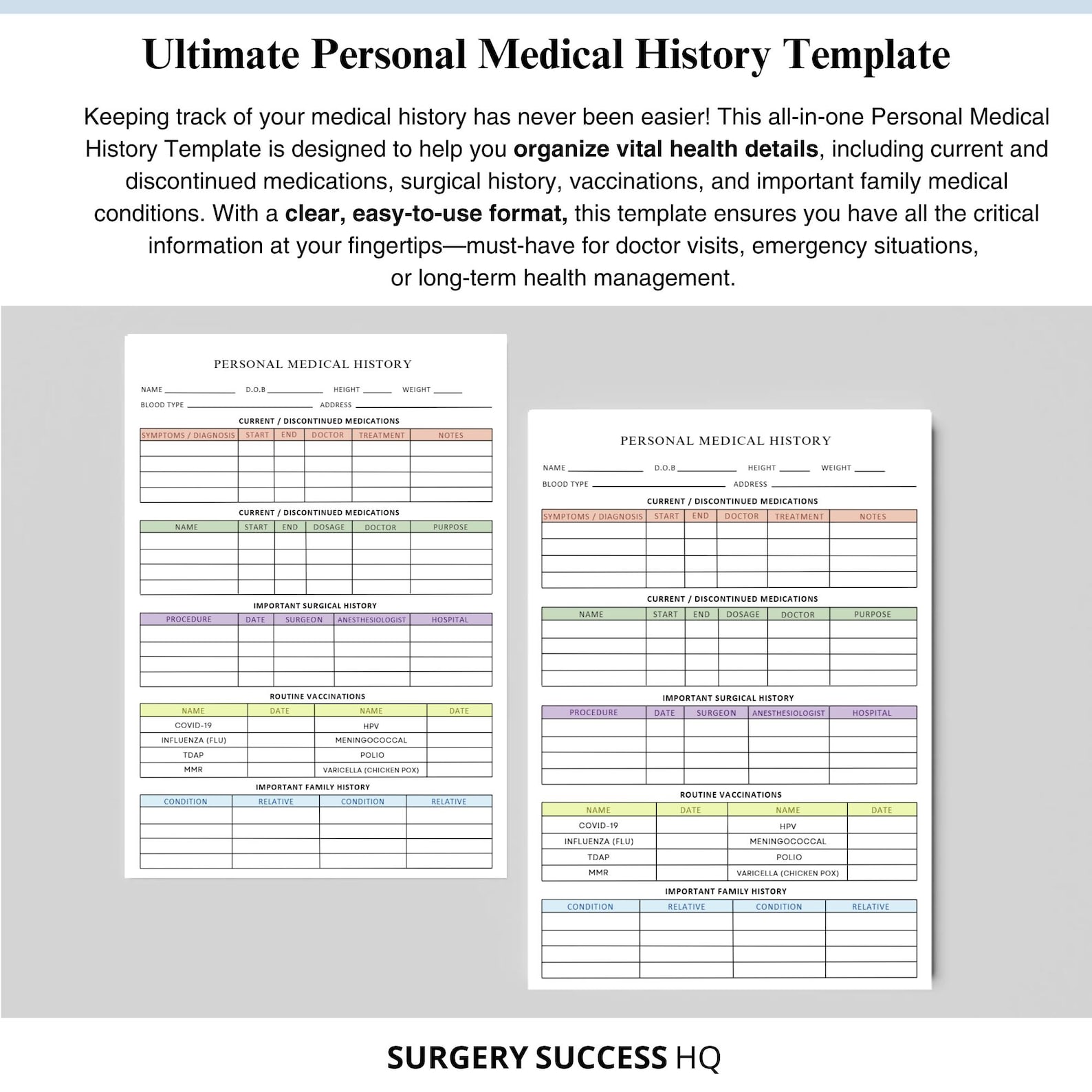 Printable Medical History Form, Personal Medical Tracker, Health ...