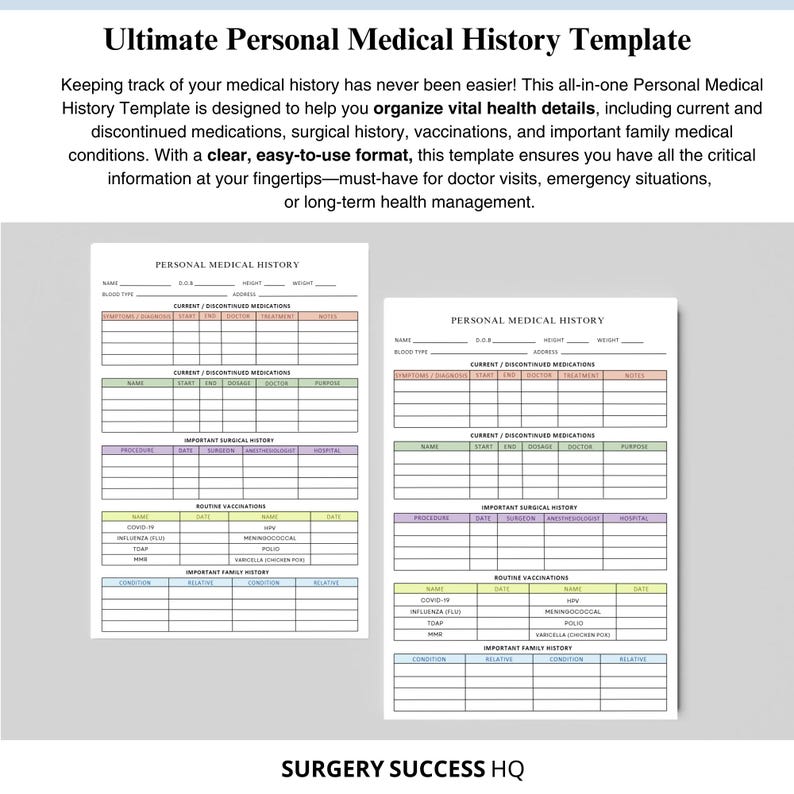 Printable Medical History Form, Personal Medical Tracker, Health ...