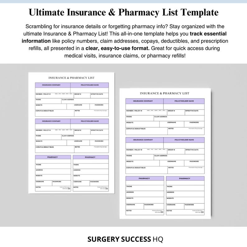 Insurance Pharmacy List Medical Information Organizer Prescription ...