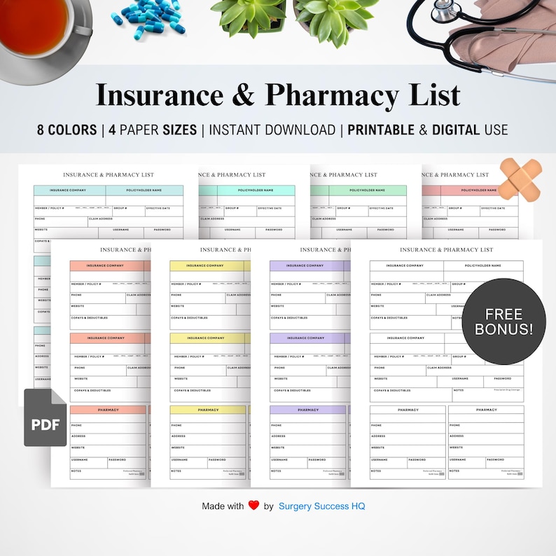 Insurance Pharmacy List Medical Information Organizer Prescription ...