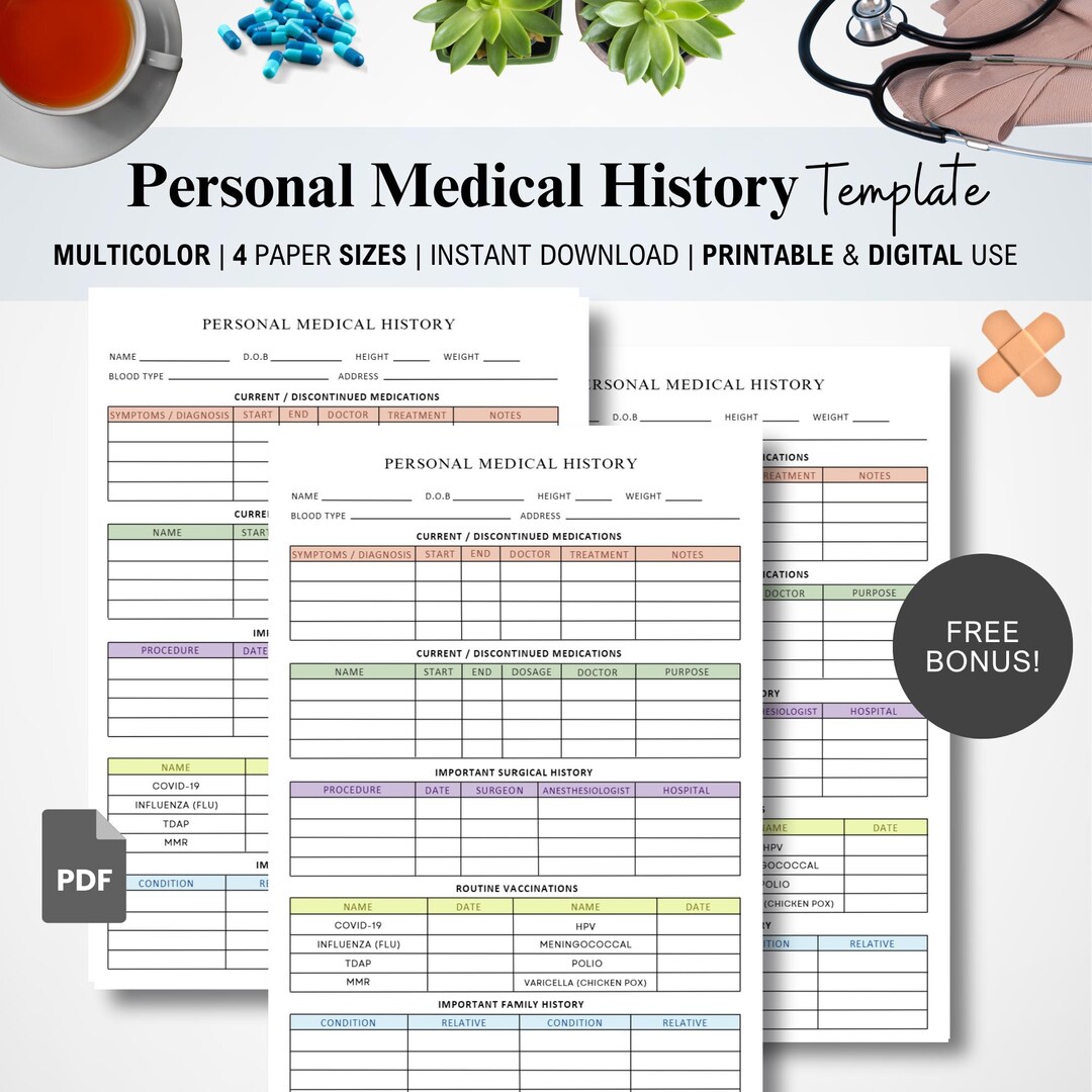 Printable Medical History Form, Personal Medical Tracker, Health ...