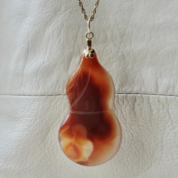 vintage hand carved stone necklace gold filled chines… - Gem