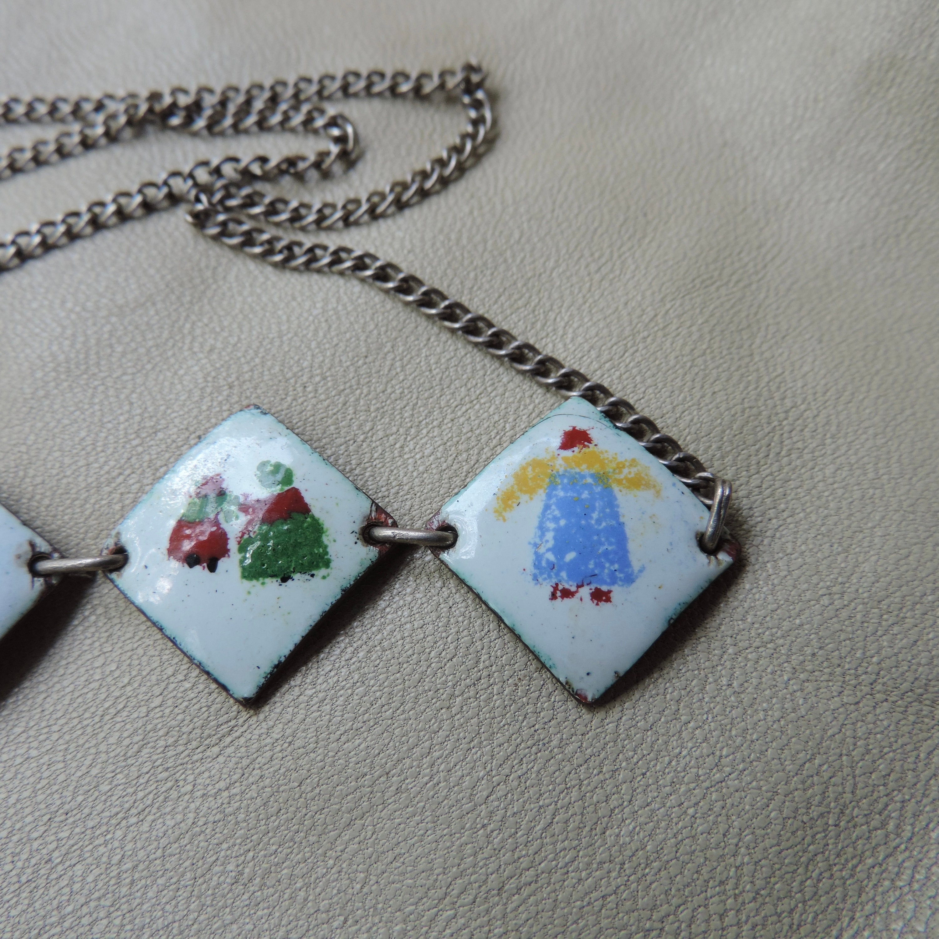 Vintage Necklace Enamel Copper People Necklace White Enamel Panel ...