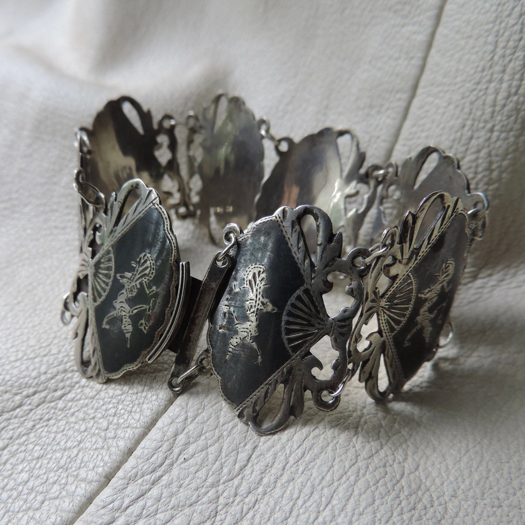 Vintage Sterling Silver Siam Dancer Fan Bracelet 925 Panel Bracelet ...