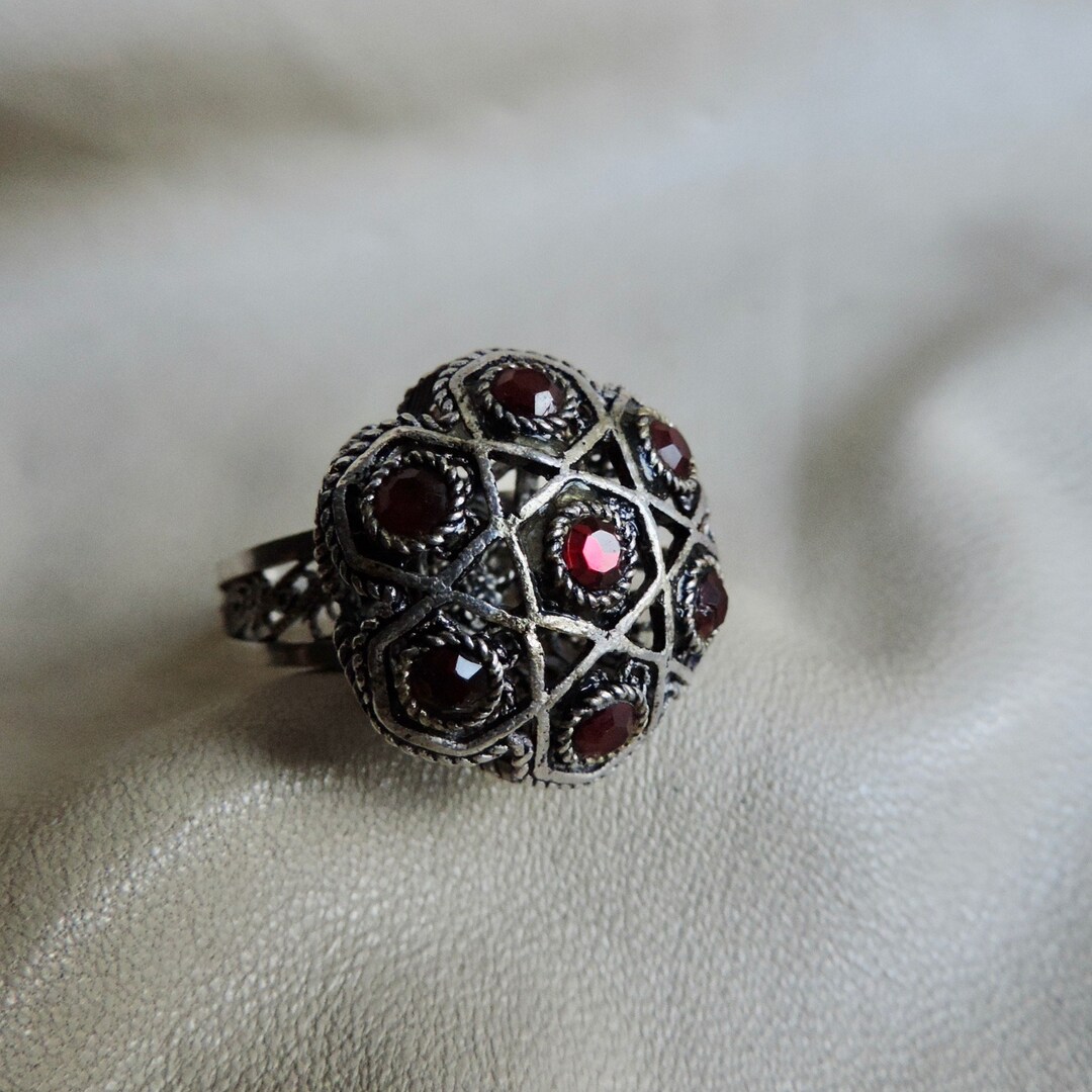 Vintage Ring Sterling Silver Red Rhinestone Ring High Profile Abstract ...