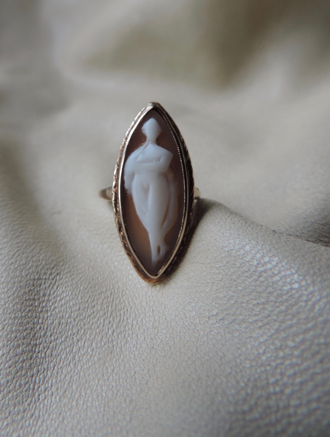 Antique Cameo Ring Hand Carved Shell Ring Navette Shaped 10k Cameo Ring ...