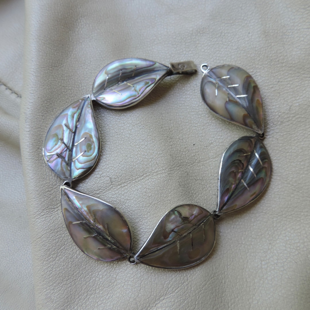 Vintage Inlaid Sterling Mexico Panel Bracelet Leaf Panel Bracelet Hand ...