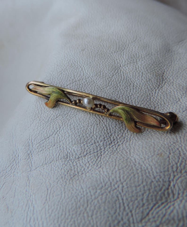 Antique Enameled Pin 14k Gold Enamel Pin Authentic Pearl Leaf - Etsy