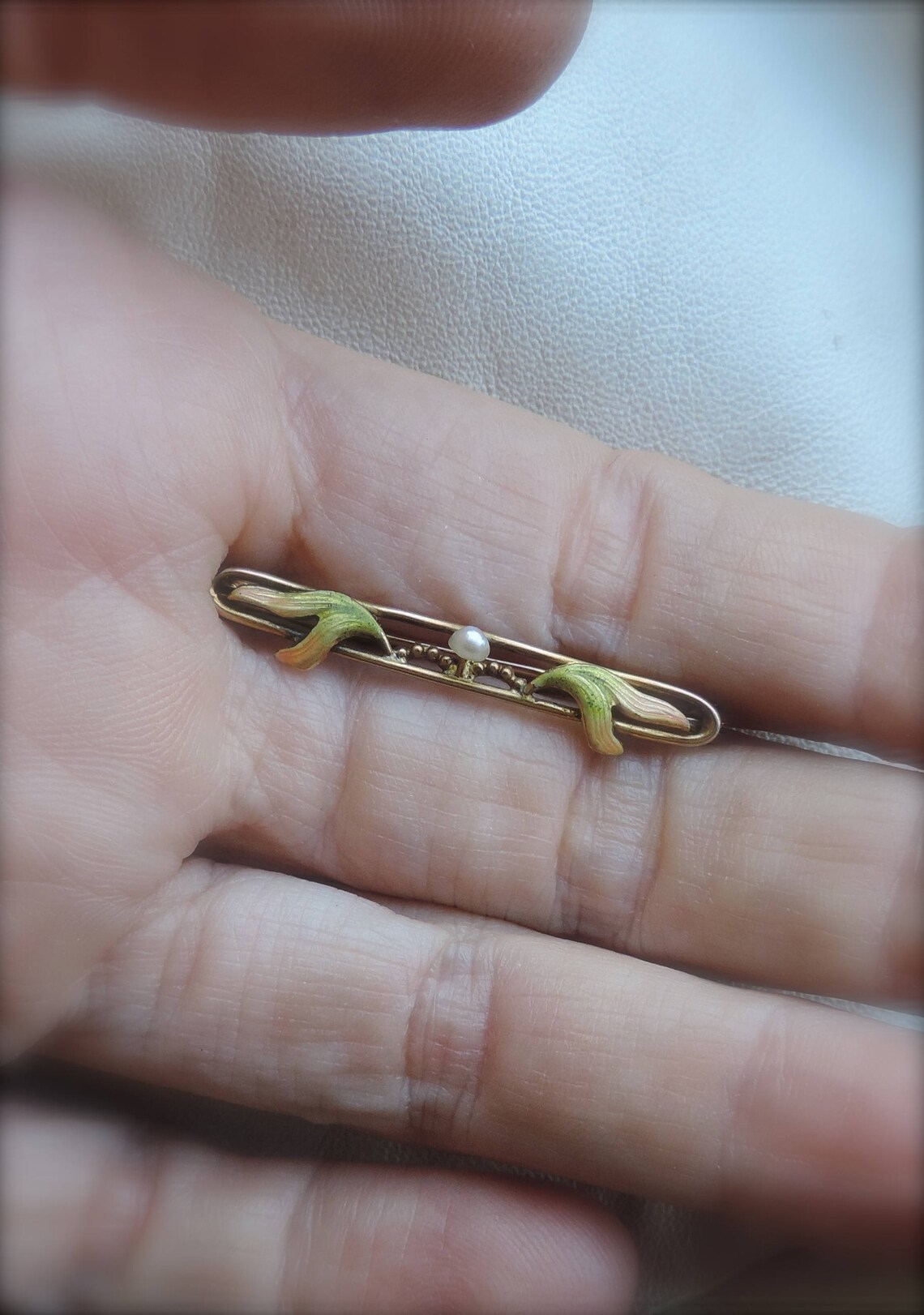 Antique Enameled Pin 14k Gold Enamel Pin Authentic Pearl Leaf - Etsy