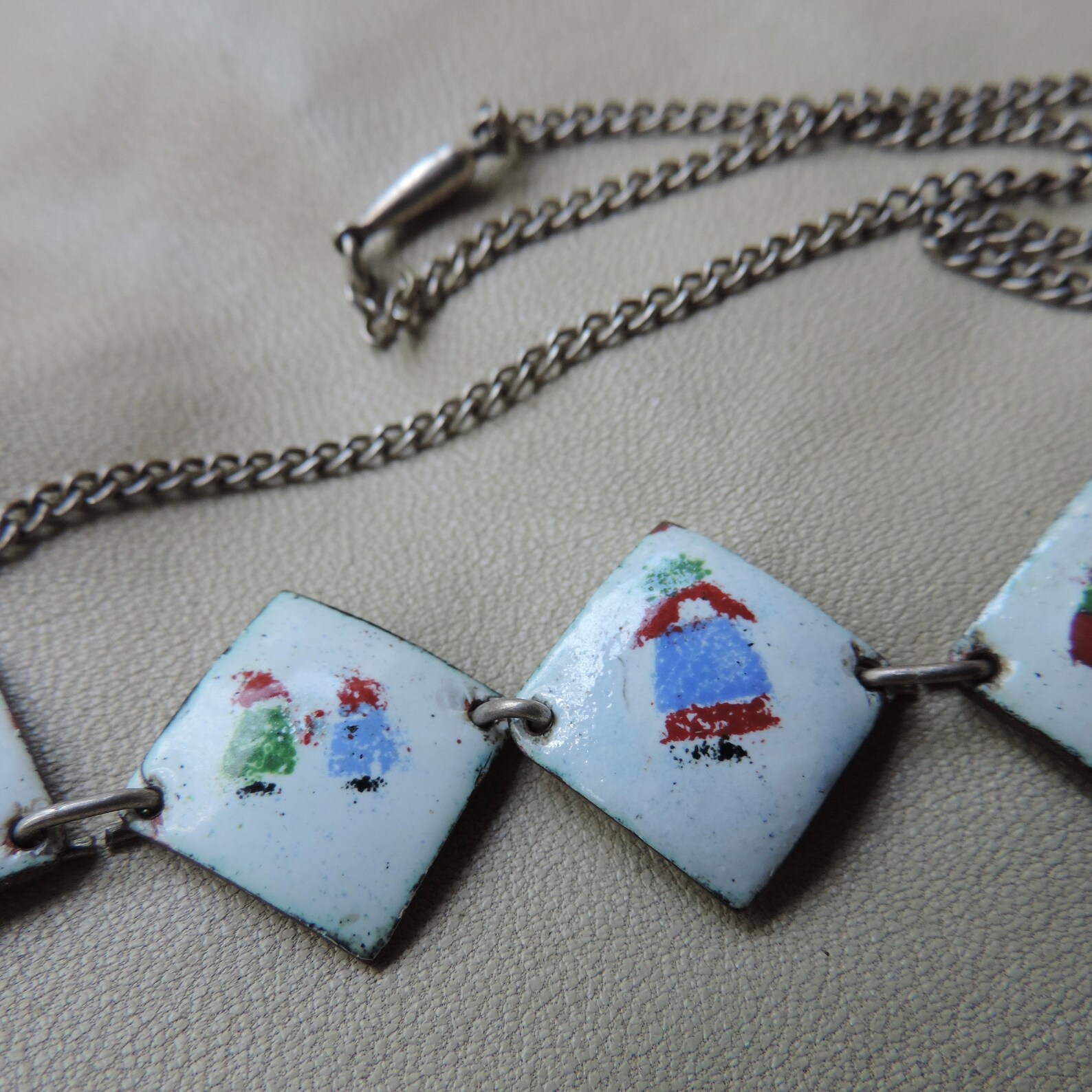 Vintage Necklace Enamel Copper People Necklace White Enamel Panel ...