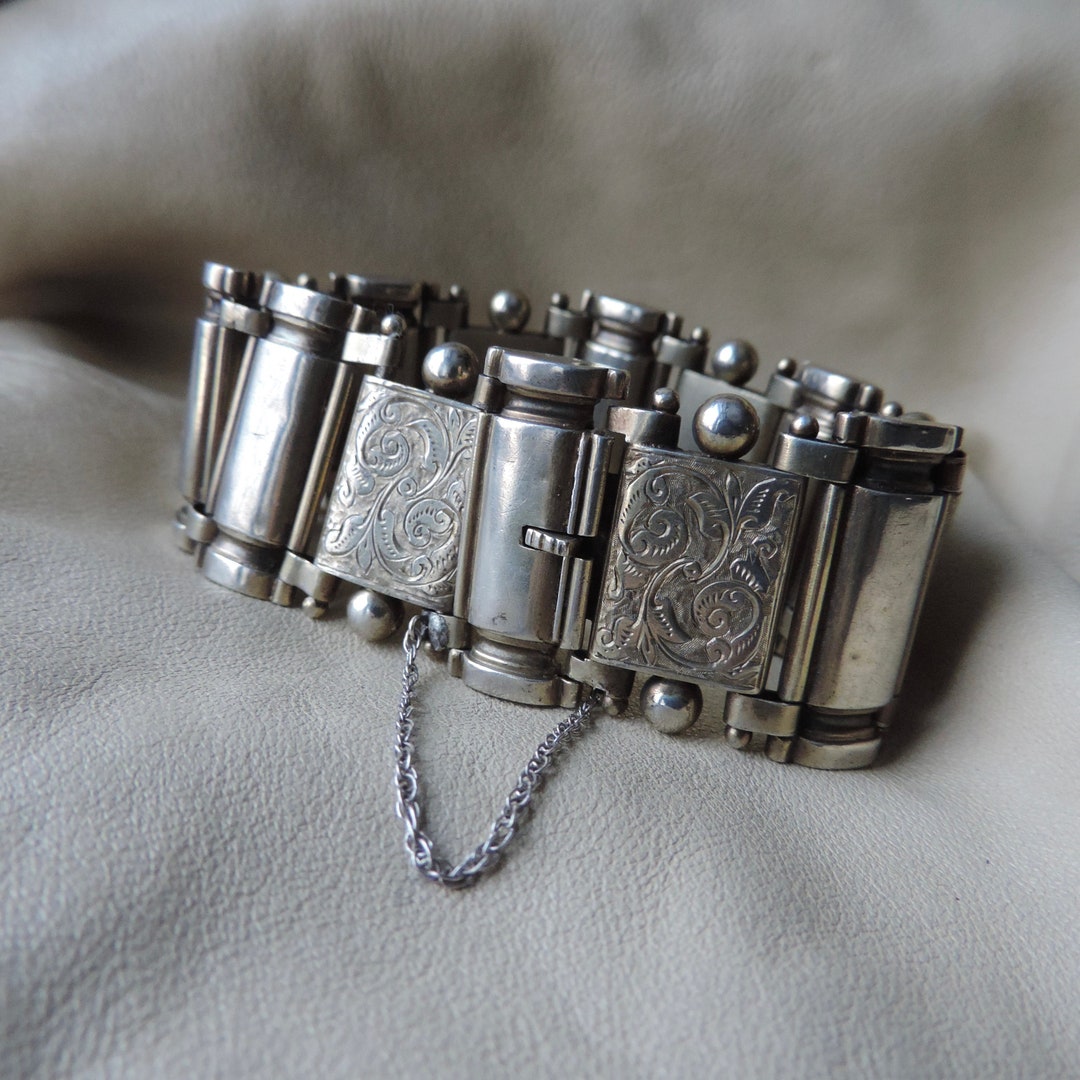 Antique Sterling Silver Bracelet Wide Sterling Panel Bracelet Floral ...