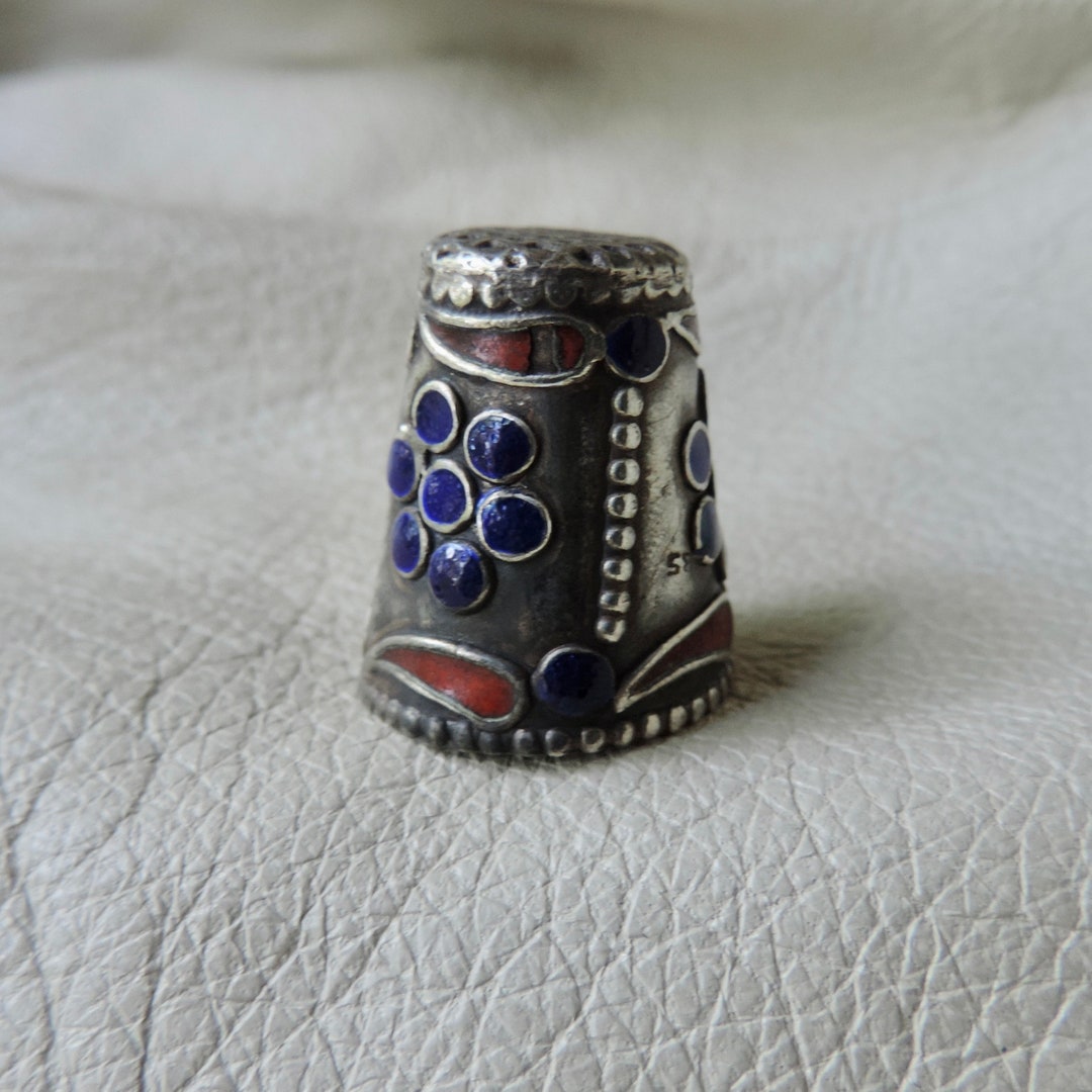 Vintage Sterling Enamel Thimble Blue Red Mexico Silver Handmade Thimble ...