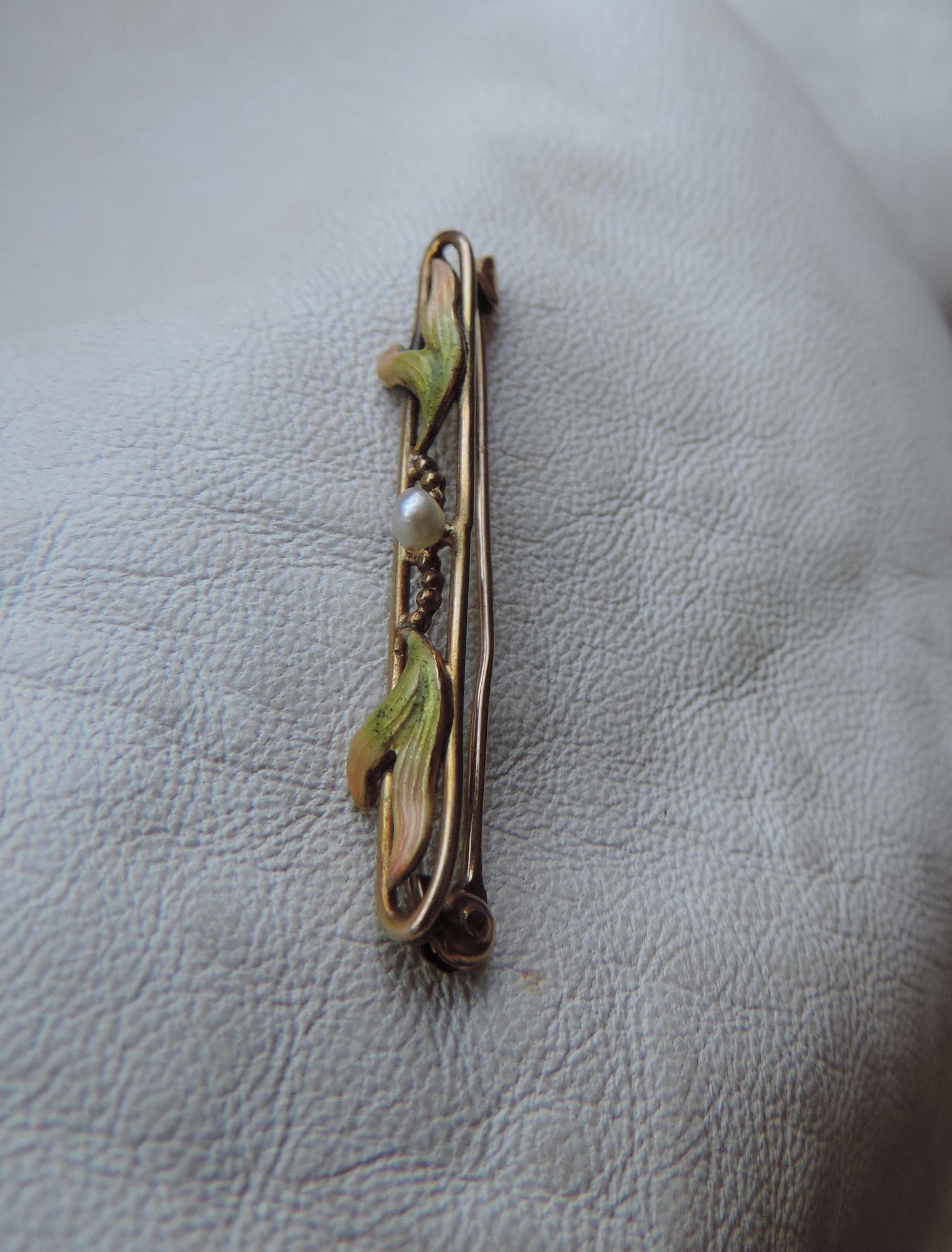 Antique Enameled Pin 14k Gold Enamel Pin Authentic Pearl Leaf | Etsy