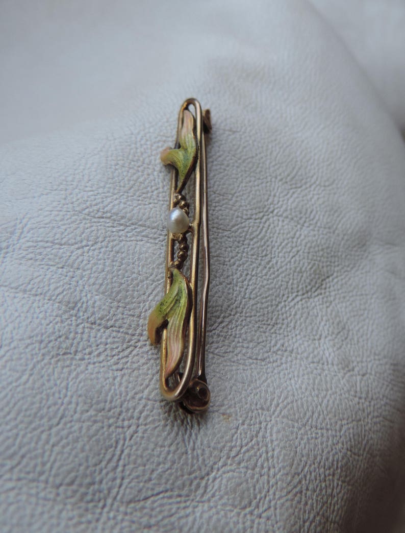 Antique Enameled Pin 14k Gold Enamel Pin Authentic Pearl Leaf - Etsy