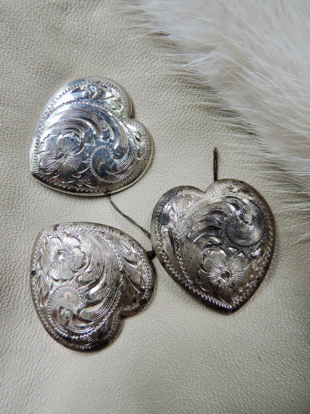 Vintage Sterling Silver Buttons Hand Etched 925 Heart Buttons Handmade ...