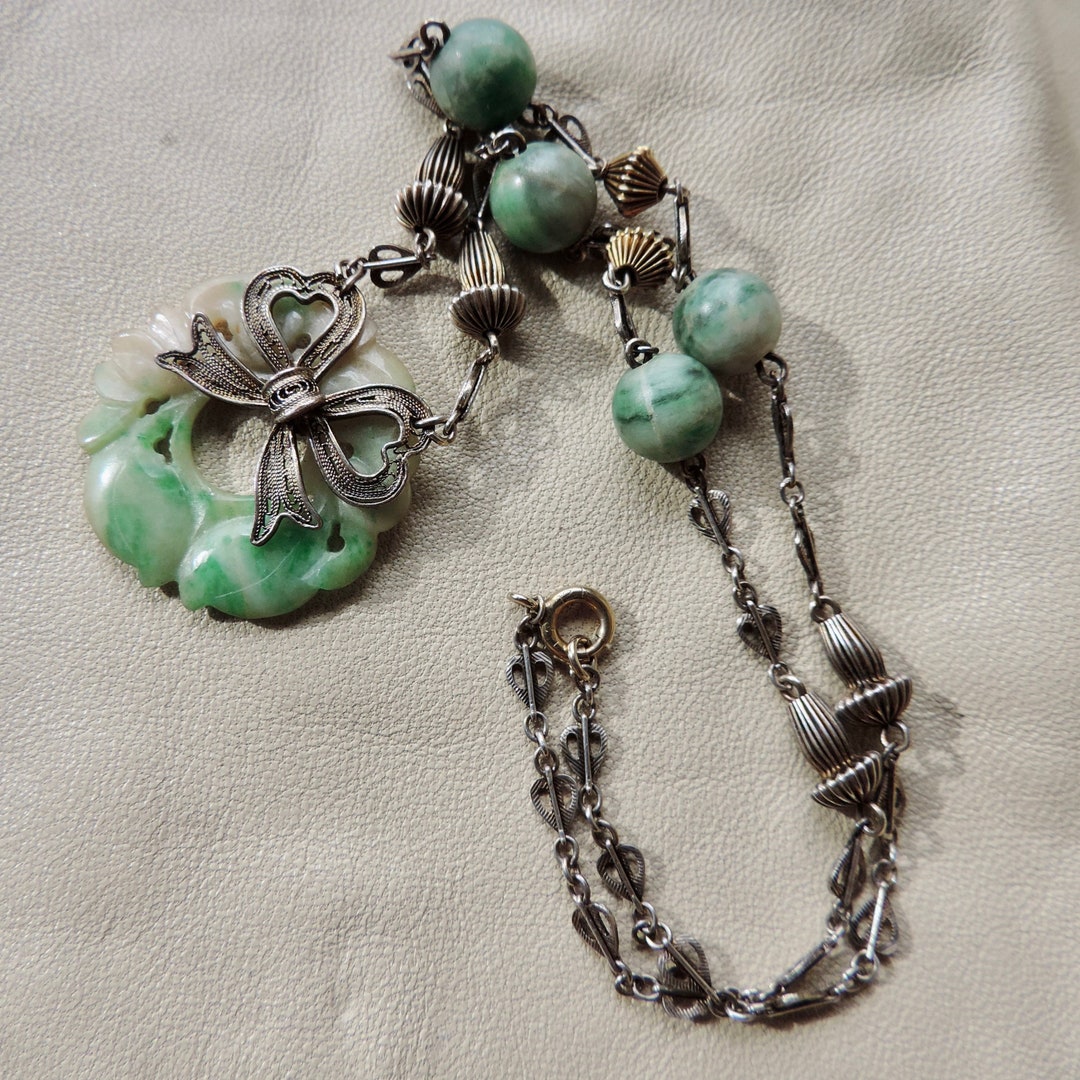 Vintage Carved Jade Silver Filigree Gold Filled Chain Necklace Vintage ...