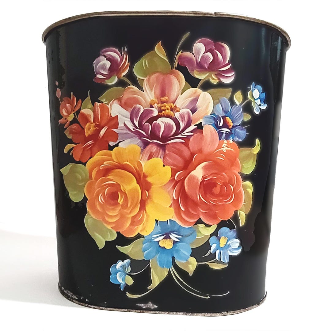 MCM Black Floral Oval Metal Waste Bin by Harvell - Etsy