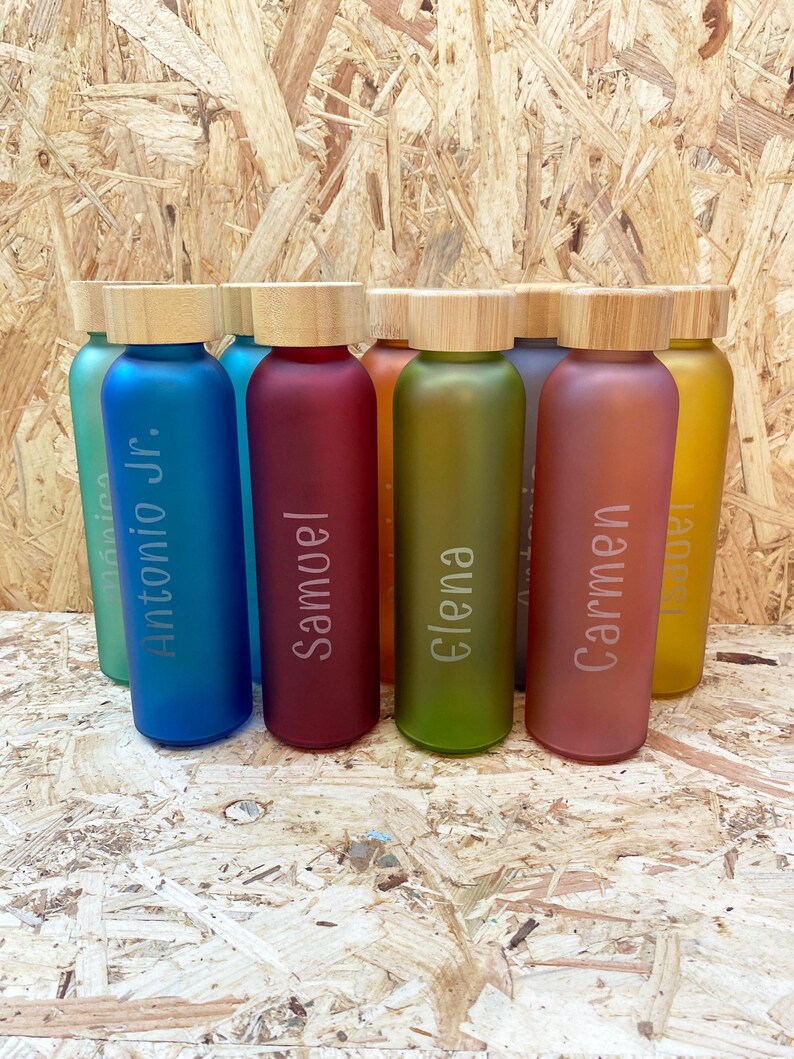 Engraved Recycled Glass Water Bottle, Bamboo Lid, Colour Custom Bottle ...