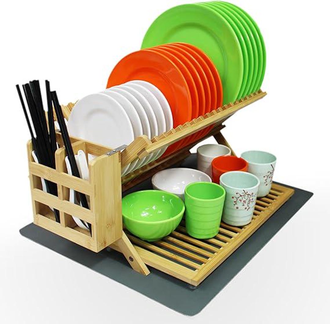 Bamboo Drying Rack With Utensil Holder 3 Tier Collapsible Dish Rack ...