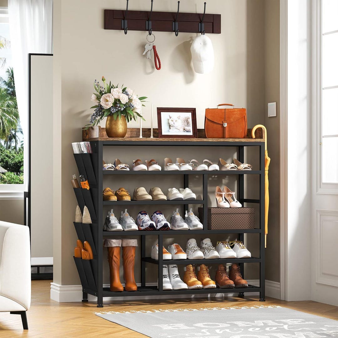 Metal Shoe Rack for Entryway With Boots Storage for 22 Pairs Wood Shoes ...